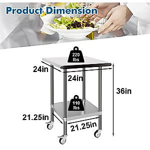 MYOYAY Stainless Steel Table for Prep & Work 24 x 24 x 36 Inches NSF Metal Commercial Table with Adjustable Under Shelf Heavy Duty Work Table with Wheels for Restaurant, Home and Hotel