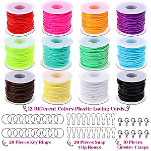 Lanyard String, Cridoz Gimp String Kit with 12 Rolls Plastic Lacing Cord, 20 Pcs Snap Clip Hooks, 20Pcs Key Chain Ring Clips, 10 Pcs Lobster Clasps for Crafts, Bracelet and Lanyards