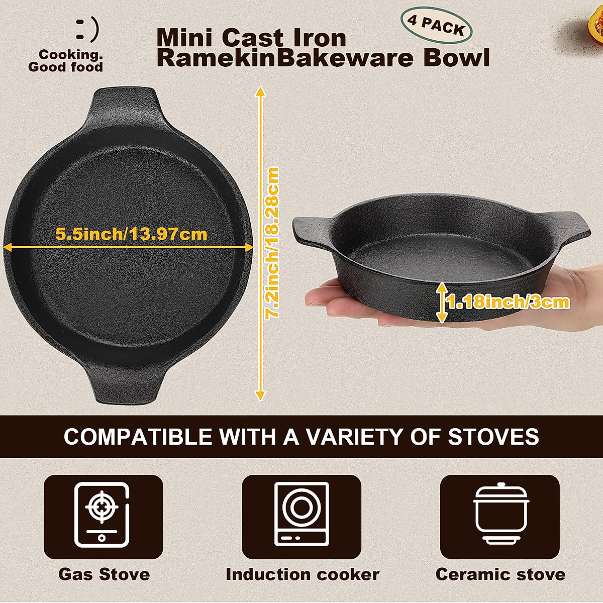 Vesici Mini Skillets for Cookies Cast Iron Ramekins 7.2x5.5x1.18 Cast Iron Pan, Small Cast Iron Pot, Mini Casserole Dish Bakeware Bowl for Serving Cast Iron Cookware Home Restaurant Kitchen(4 Pcs)