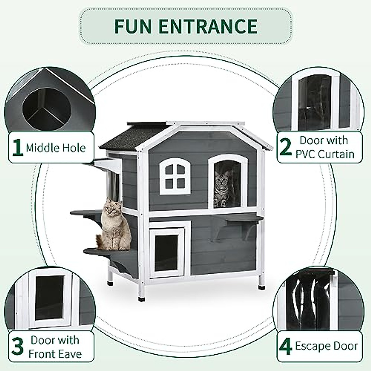 PawHut 2-Story Cat House Outdoor, Weatherproof Wooden Cat Enclosure for Feral Cats with Escape Door, Openable Roof, Jumping Platforms, Gray