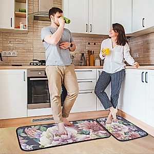 Luxury Purple Peony Peris Flower Kitchen Rugs and Mats 2 Pieces Anti Fatigue Kitchen Rug Set Non-Slip Bath Mat Entry Floor Carpet Entrance Door Mat Runner 20"x28"+20"x47"