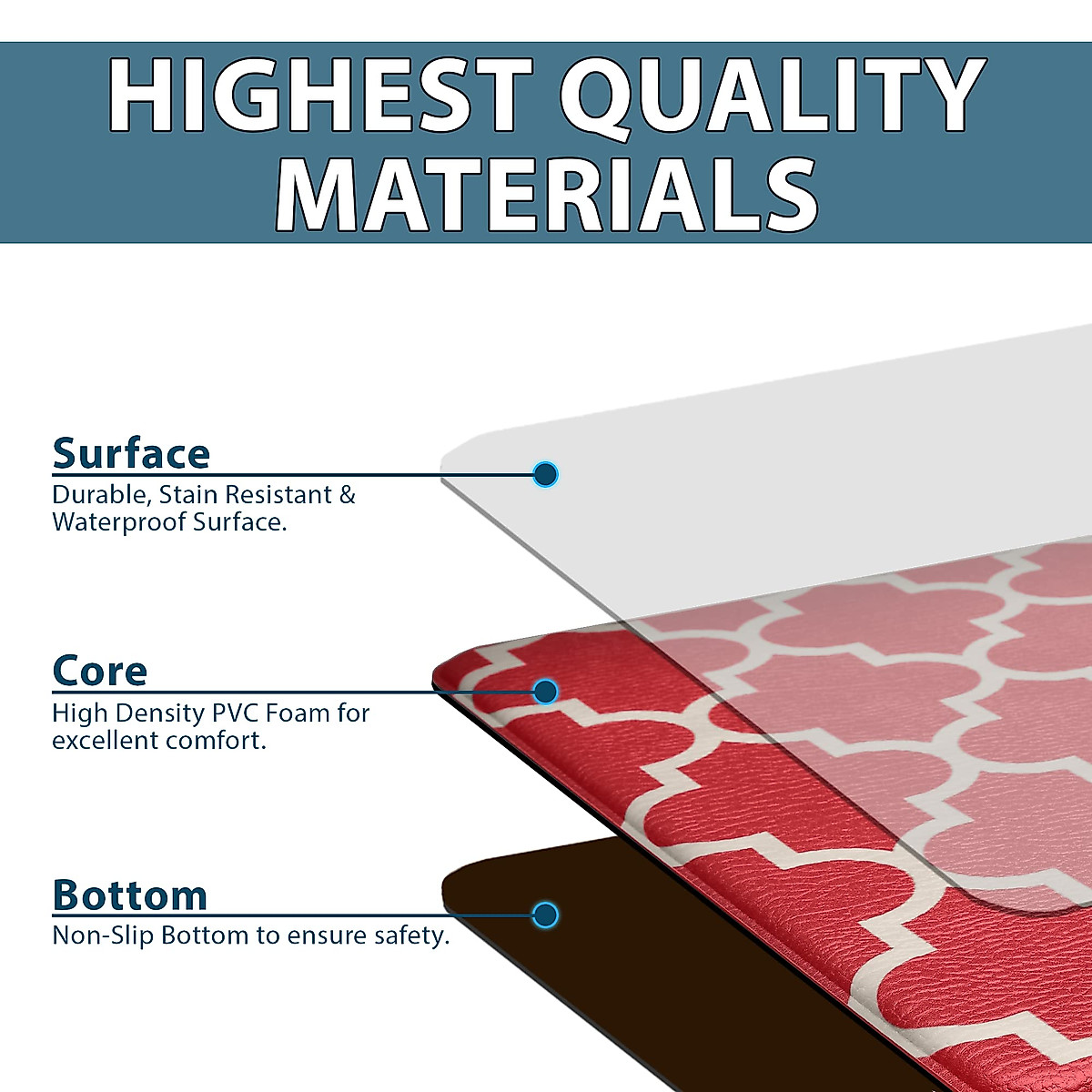 ComfiLife Kitchen Mats for Floor (2 PCs) – Cushioned Anti Fatigue Kitchen Rug for Comfortable Standing – Waterproof, Easy Clean, Non-Slip, Thick Kitchen Mat Set for Home, Office, Sink, Laundry (Red)