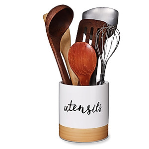 LEETOYI Ceramic Utensil Holder, Utensil Crock for Kitchen Counter, Farmhouse Kitchen Decor, Countertop Utensil Storage Caddy Organizer, Easy to Clean 4.5 inch, White