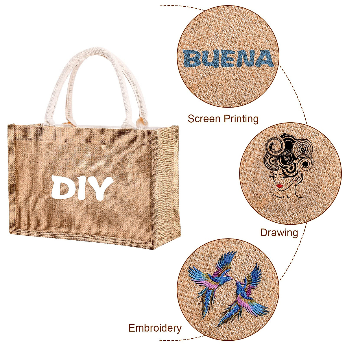 SOUJOY 6 Pack Burlap Tote Bag, Reusable Jute Gift Totes with Handles, Water Resistant Beach Bag, 14.7'' x 9.8'' x 4.5'' Canvas Grocery Shopping Totes for Bridesmaid, DIY, Shopping, Wedding Bag