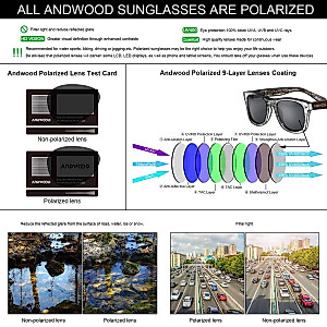 ANDWOOD Wood Sunglasses Polarized for Men Women Uv Protection Wooden Bamboo Frame Mirrored Sun Glasses Black Shades