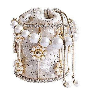 UMREN Women Luxury Pearl Diamonds Evening Bags Top-Handle Metal Bucket Bag Crystal Chic Purses Formal Wedding Handbags (One Size, Ivory)