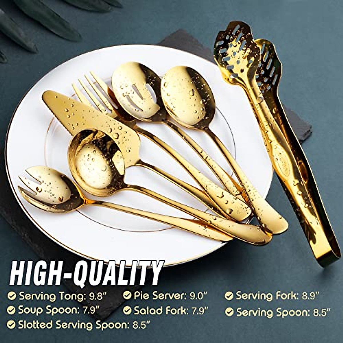 Gold Serving Utensils, OGORI 10-Piece Polished Stainless Steel Gold Serving Utensils Set Include Serving Spoons, Slotted Serving Spoon, Serving Tongs, Serving Fork, Salad Fork, Soup Ladle, Pie Server