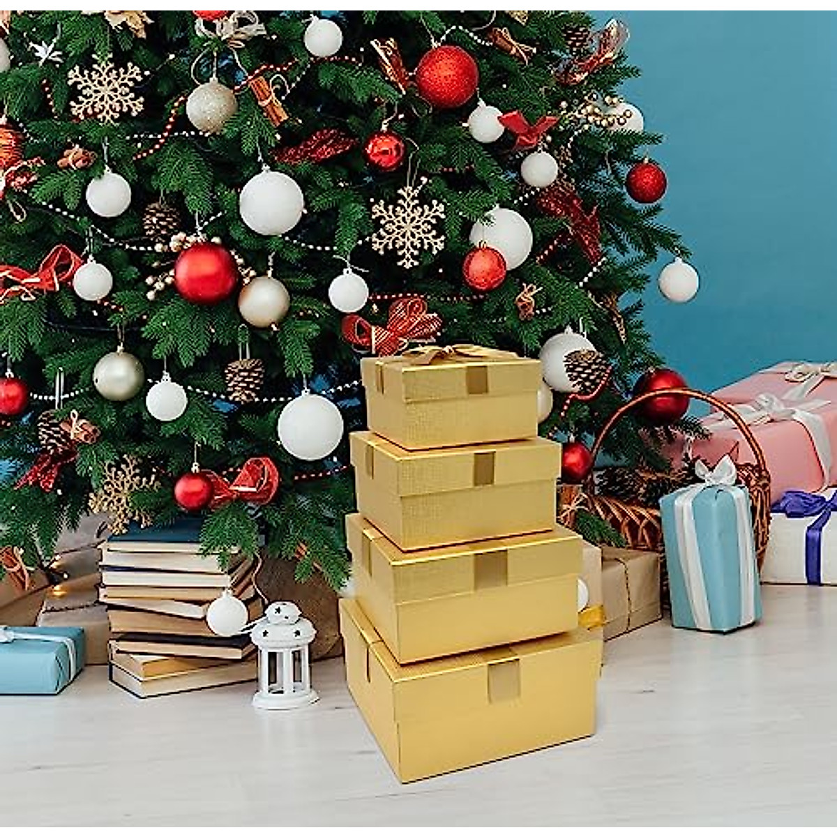 Set Of 4 Gold Square Gift Boxes with Ribbon Bow Assorted Sizes Nesting Christmas Box Durable Cardboard Reusable for Wrapping Gifts Holiday Wedding Present Bridesmaid Bridal and Baby Shower Anniversary