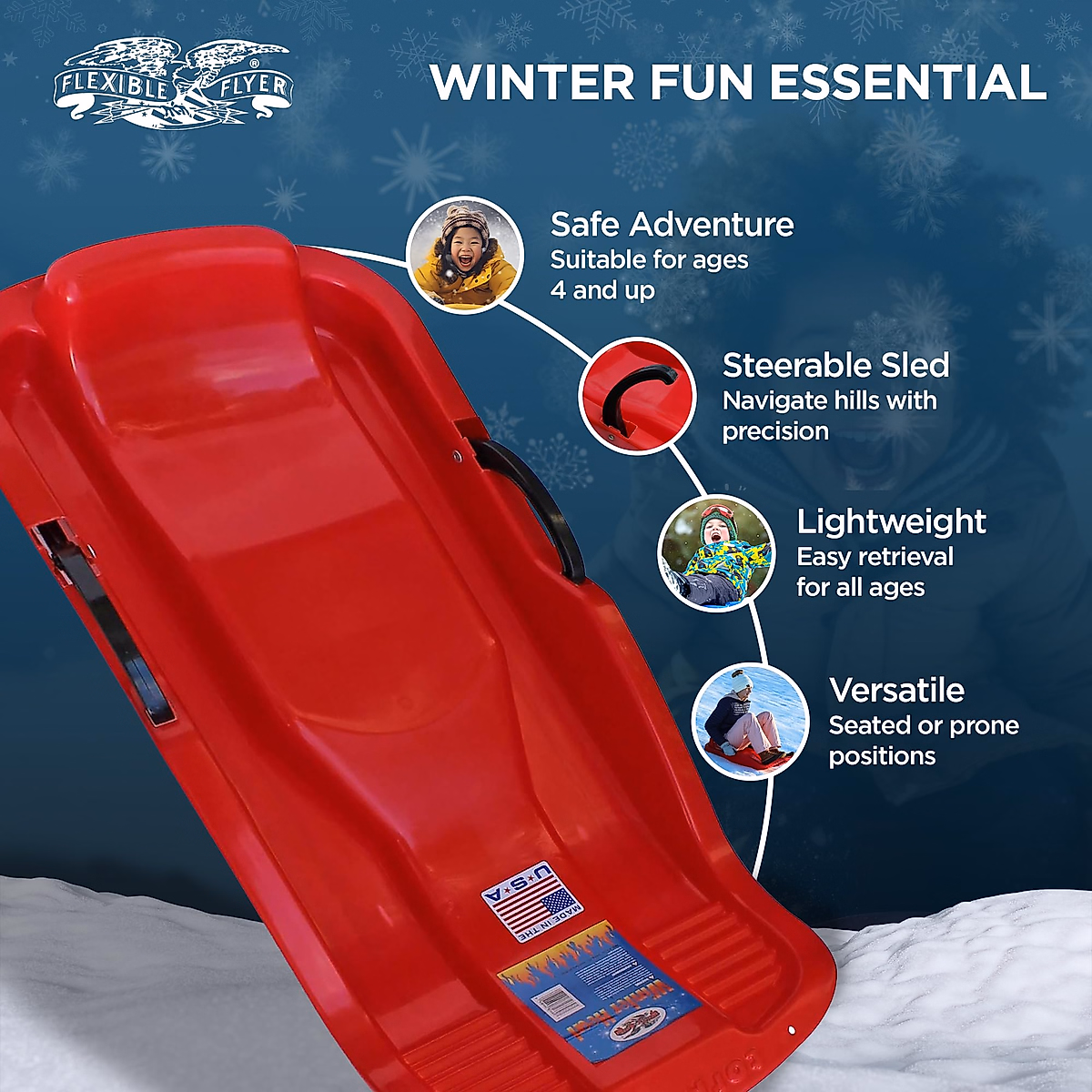 Flexible Flyer Winter Heat Snow Sled. Plastic Sno Slider Bobsled, 38 x 18 x 7 inches