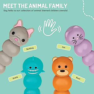 melii Toddler and Kid Feeding Spoon & Fork Set, Stainless Steel – Bulldog, Cat, Shark, Bear– BPA Free, Dishwasher safe (Bear & Shark 4pc)