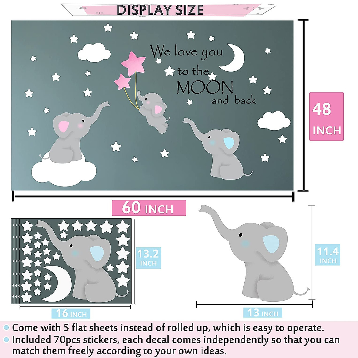 Family Elephant Wall Decal Baby Nursery Decor Kids Room Wall Stickers Large Cute Lovely Elephant Decals with Moon Stars Quote Home Decorations Love You to The Moon and Back 60''W x48''H