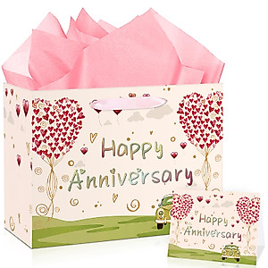 RUMIA Anniversary Party Gift Bag Wedding Anniversary Wrapping Paper Bag with Tissue Paper Greeting Card Happy Anniversary Party Gift Wrap for Women Wife Christmas Wedding Anniversary Party Supplies