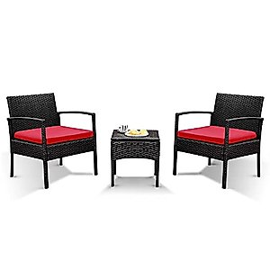 PROHIKER 3 PCS Patio Rattan Conversation Chair Set, 3 PCS Patio Wicker Rattan Furniture Set, Patio Wicker Rattan Table
