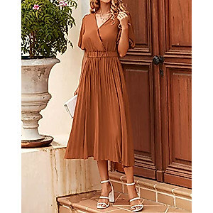 BTFBM Women Casual Dresses 2023 Summer Boho Wrap V Neck Puff Short Sleeve Beach Party Flowy Pleated A-Line Maxi Dress(Solid Brick Red, Large)