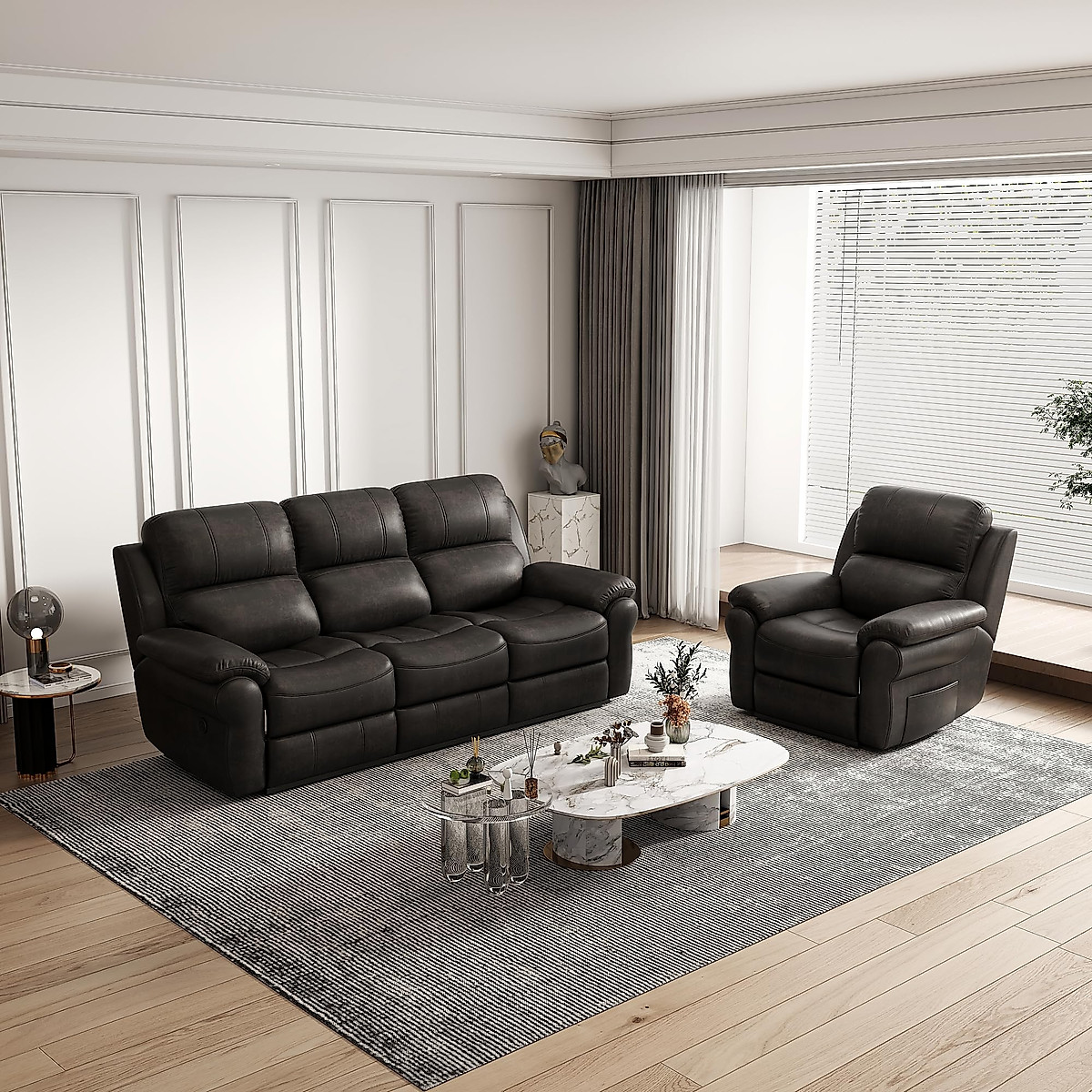 Olodumare Mid-Century Power Reclining Breathable Fabric Sofa for Living Room, with Drop Down Table, USB Button, Wireless Charger, Magazine Bag, Faux Leather Sofa (Espresso)