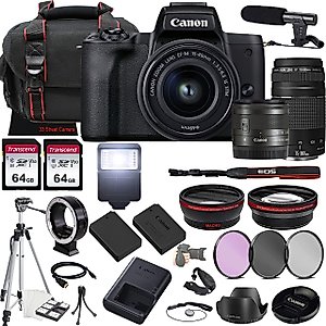Canon EOS M50 Mark II Mirrorless Camera w/EF-M 15-45mm f/3.5-6.3 is STM Lens + EF 75-300mm f/4-5.6 III Lens + 2X 64GB Memory + Microphone + Filters + Tripod + More (35pc Bundle) (Renewed)