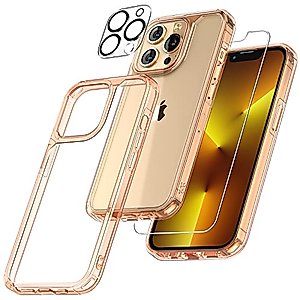 TAURI 5-in-1 for iPhone 13 Pro Case, Not Yellowing, with 2 Tempered Glass Screen Protector + 2 Camera Lens Protector [Military Grade Protection] Shockproof Slim Phone Case 6.1 Inch, Rose Gold