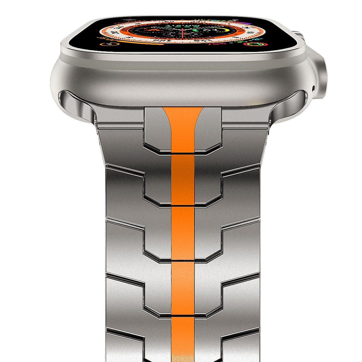 CHANCHY Stainless Steel Band for Apple Watch Ultra 2 Band 49mm 46mm 45mm 44mm, Metal Strap with Folding Clasp for Apple Watch Series 10 9 8 7 6 5 4 3 2 1 Ultra Ultra 2 for Men (49mm, Titanium/Orange)