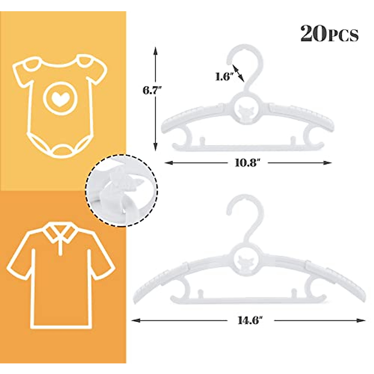 HOUÍSM Baby Hangers Adjustable for Nursery, 20Pack Cream White Baby Clothes Hangers, Cascading Fox Rack for Newborn Infant Toddler Child Closet, Boy Girl Connecting Bottom Hangers with Coat & Pants