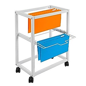 LyeXD 2 Tiers Metal Rolling File Carts w/Wheels, Modern Hanging Files Frame Files for Documents, Movable Pull-Out File Folder Rack Rolling File Organizer for Office, Classroom, White