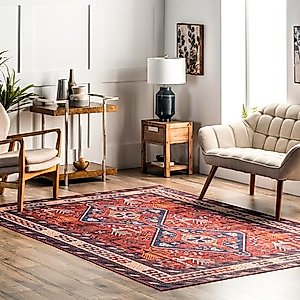 nuLOOM Stella Machine Washable Traditional Tribal Ultra Thin Area Rug, 8' x 10', Rust