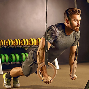 YOELVN Wood Gymnastic Rings with Adjustable Number Suspension Trainer Straps with Cam Buckle 15ft Olympic Rings 32/28mm Heavy Duty 1543/992lbs for Pull Up Bar Workout Exercise Gym Hanging Rings Indoor