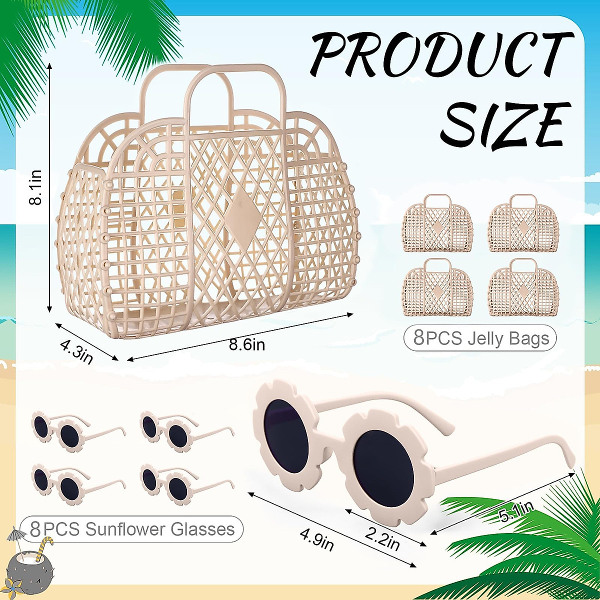 FIONUPI 16 Pcs Jelly Bags with Sunglasses for Women Wedding Jelly Purse Beach Bags Plastic Jelly Basket Flower Glasses for Bridal Wedding Party Gift