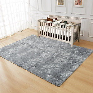 JKMAX Fluffy Shag Area Rugs for Living Room，Tie-Dyed Light Grey Soft Plush Fuzzy 3x5 Rug for Bedroom Nursery Girls Boys Room Kids Room Decor，Upgrade Anti-Skid Carpet for Home Decor Aesthetic