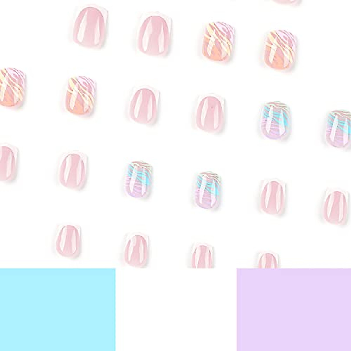 Square Press on Nails Short French Fake Nails Acrylic Glossy False Nails with Colored lines Designs Full Cover Glue on Nails Stick on Nails French Tip Reuseable Nails for Women