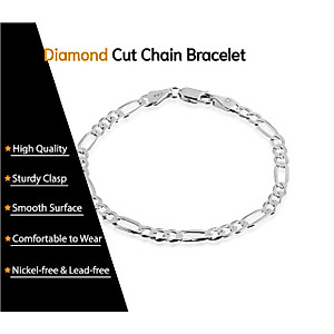 QUADRI Figaro Link Chain in 925 Sterling Silver, Italian 5mm Bracelet for Men Women, 7 Inch, Made in Italy, Gift Box Included