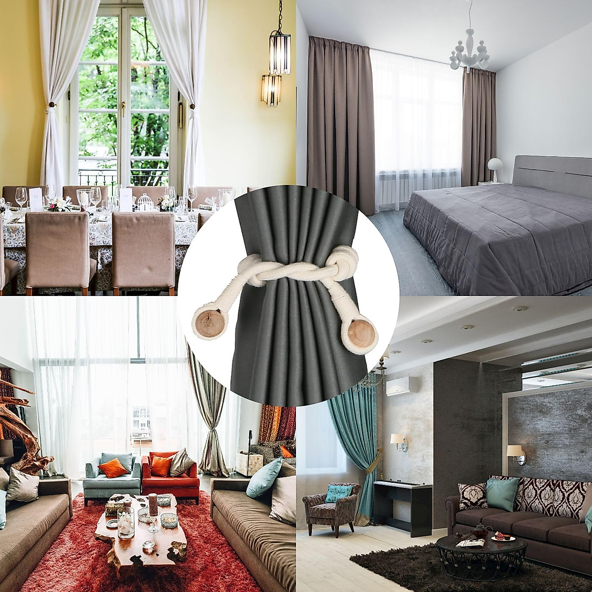 HedongHexi 2 Pack Magnetic Curtain Tiebacks, Curtain Ties Magnetic No Drill, Handmade Curtain Tie Backs Decorative Holdbacks (White, 2P)