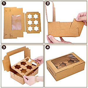Jucoan 50 Pack Kraft Cupcake Box with Insert and Window Hold 6 Standard Cupcake, Food Grade Cupcake Carrier Container, Brown Bakery Box for Pastry, Cookies, Small Cake, Desserts Treat.