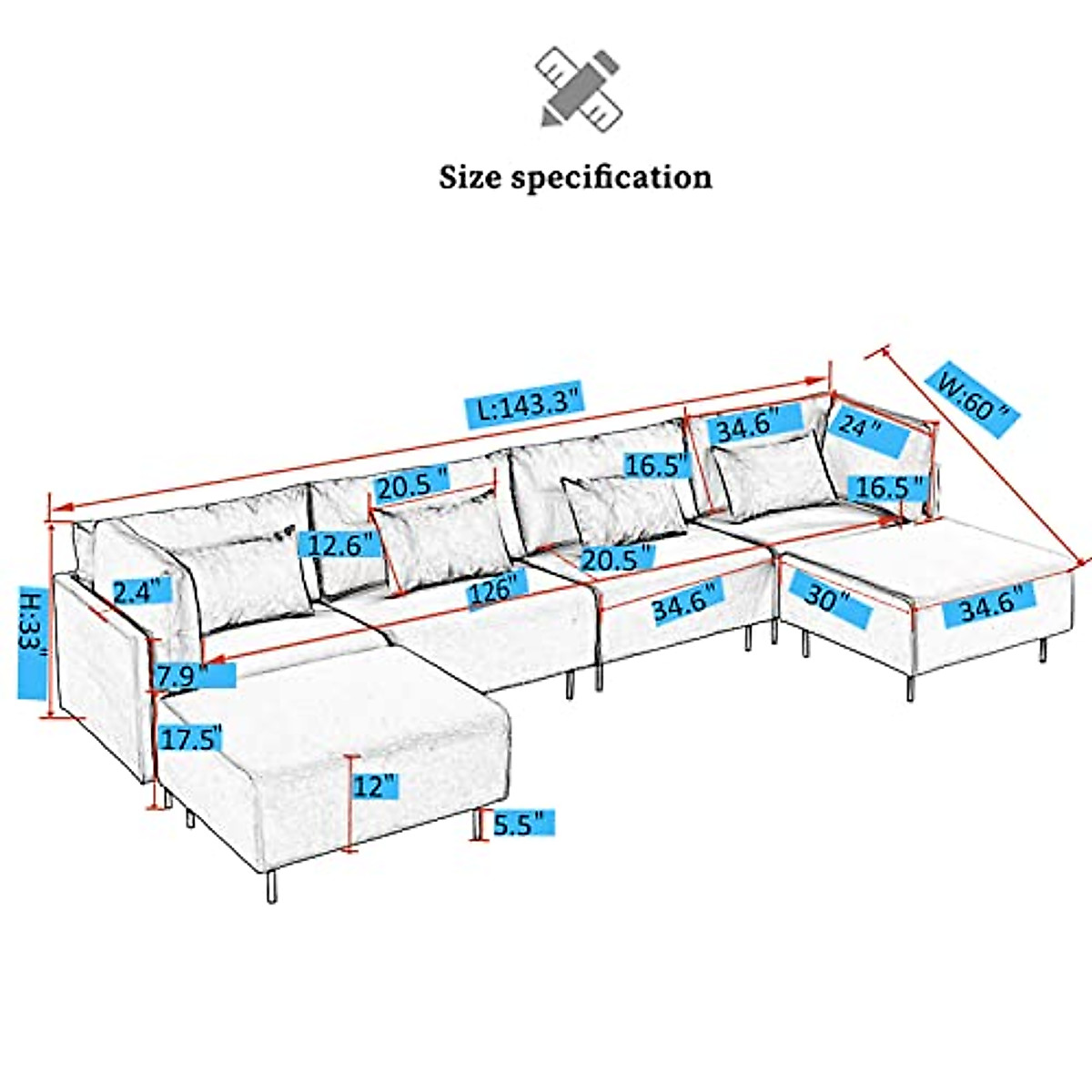Linen Upholstered 6 Seats U Shaped Modular Sofa Modern Convertible Sectional Sofa Couch with Reversible Chaise Lounge and 4 Pillows L Shaped Couch Extra Wide Seat for Living Room Apartment 143” Blue