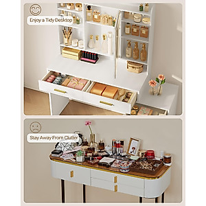 HILINSIE Large Vanity Desk with Light Mirror, Makeup Vanity Dressing Table with 3 Drawers, Adjustable Shelves, Storage Cabinet, Bedroom Vanity Table for Women‘s Day (White)