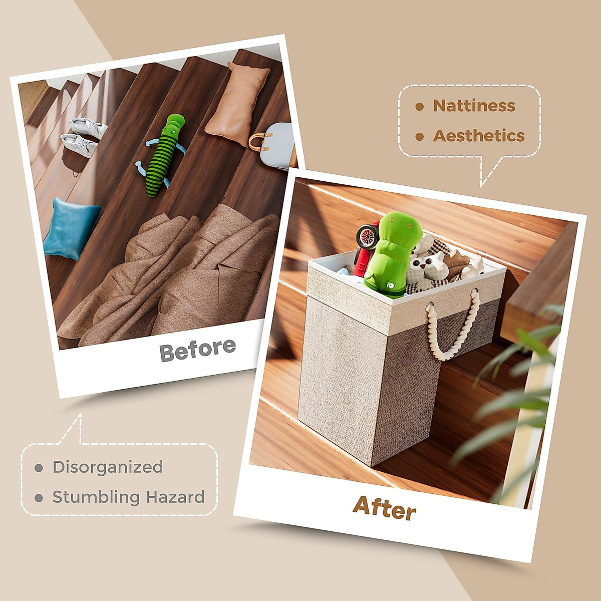 Puricon Stair Basket for Wooden Stairs, Stair Flax Step Storage Basket with Rope Handles Foldable Durable Staircase Storage Organizer for Home Carpeted Stairs -Grey，1 Pack