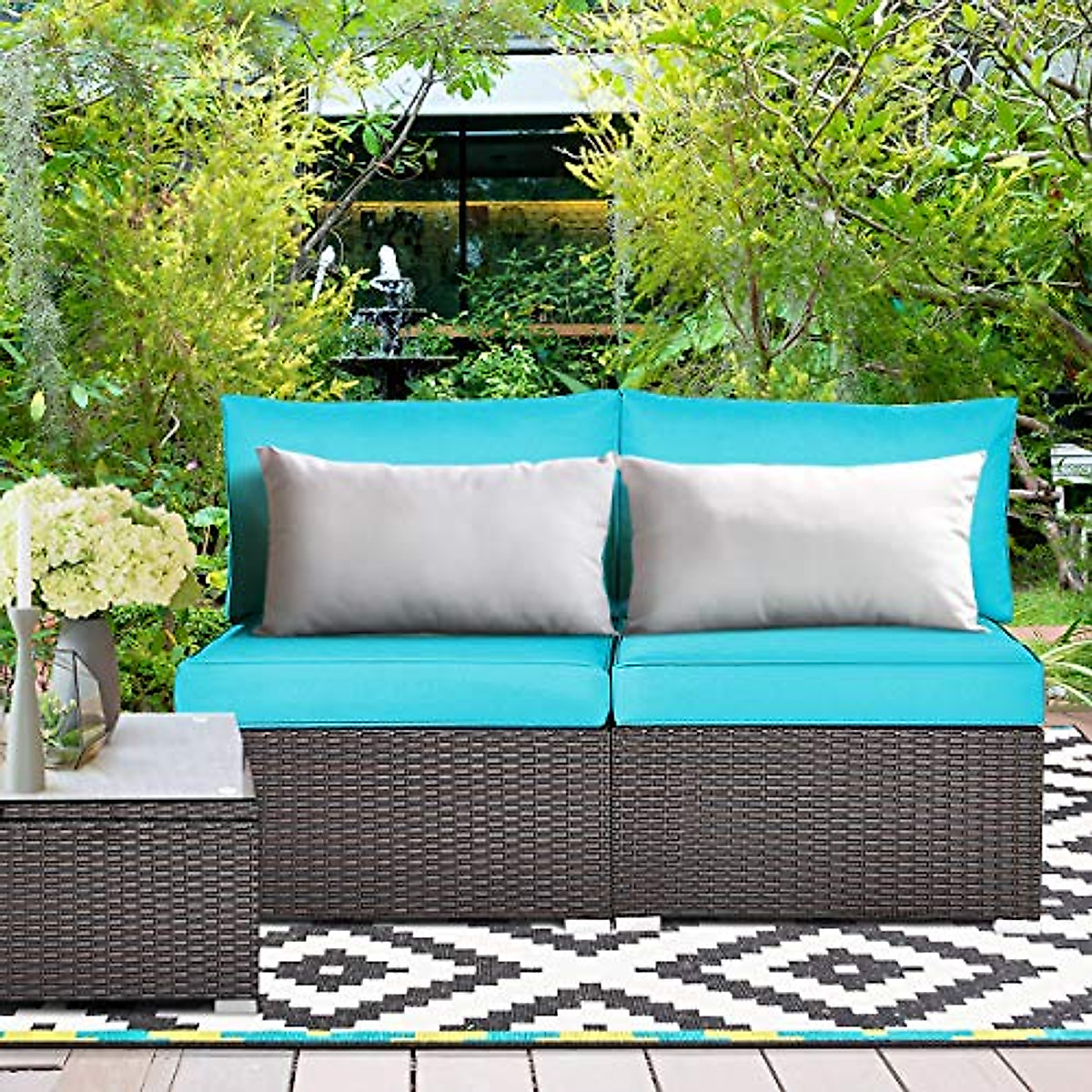 Tangkula 2 PCS Outdoor Wicker Armless Sofa, Patio Rattan Sectional Sofa Set w/2 Thick Seat Cushions and 2 Back Cushions, Additional Seats for Balcony Garden Patio Poolside (Turquoise)
