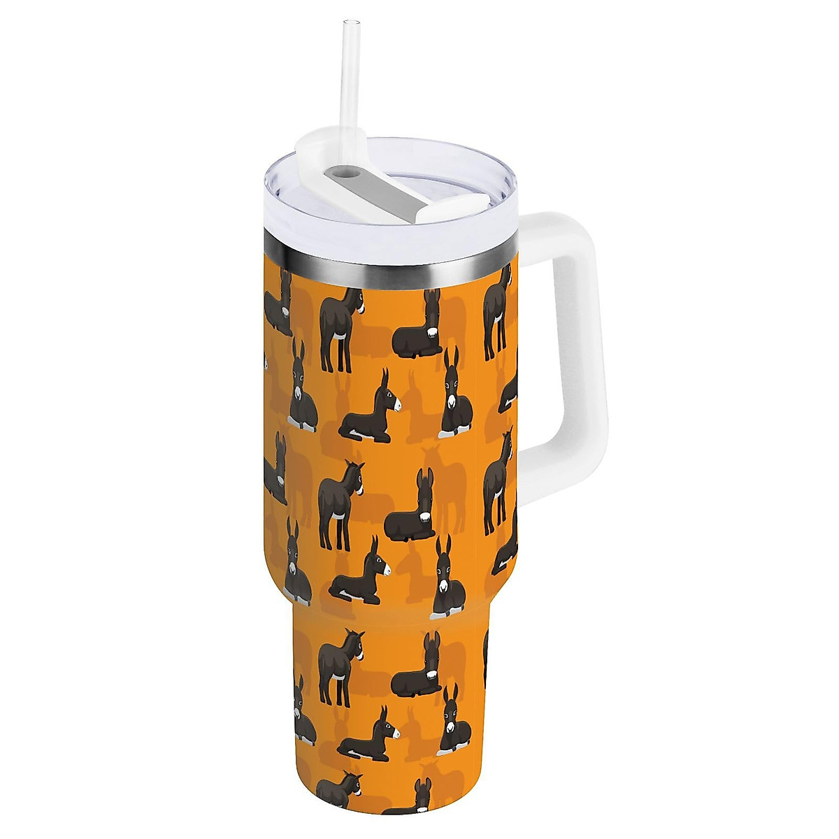 IHCVHQX Tumbler With Handle and Straw 30oz Cute Donkey Orange Insulated Tumbler Cups Stainless Steel Travel Coffee Mug
