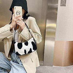 VALICLUD Shoulder Bag for Women Mini Furry Handbag Underarm Purse Cow Print Clutch Bag Faux Fur Purse