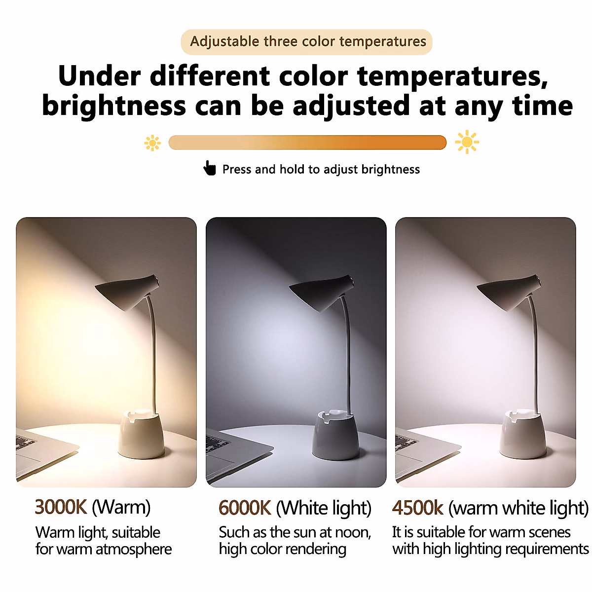 AIBAI Small Desk Lamp, Kids Desk Lamp with Pen Holder & Mobile Phone Stand, 3 Lighting Modes for Reading Kids Dorm& Mobile Phone Stand for Reading Dorm Home Office (White)