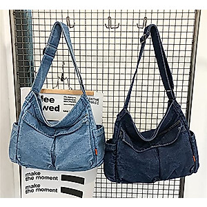 Single Color Denim Canvas Handbag Cross Body Shoulder Purse Bag Tote-Handbag with Pockets Daily Use Large Capacity for Women