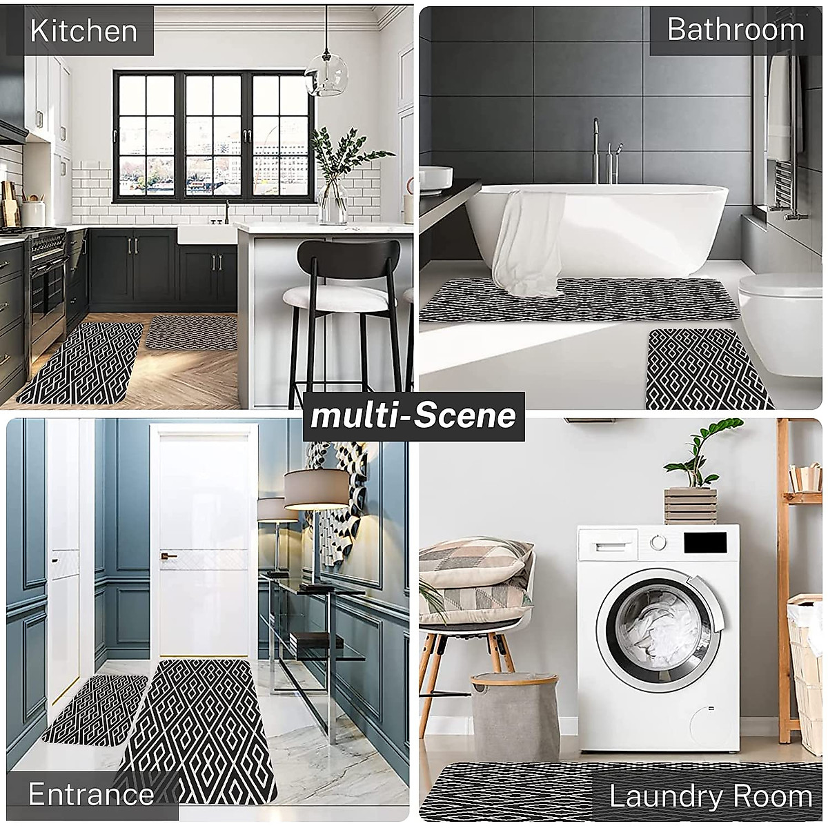 Tayney Black Geometric Kitchen Rugs and Mats Non Skid Washable Set of 2, Grid Diamond Kitchen Runner Rug, Modern Abstract Under Sink Mats for Kitchen Floor Decor