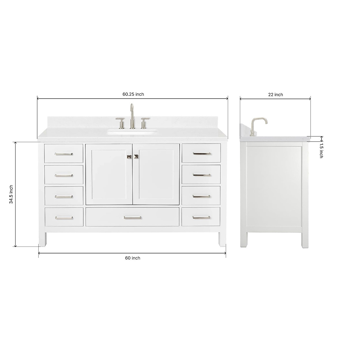 ARIEL Cambridge 60" White Bathroom Vanity, 1.5" Edge Carrara White Quartz Countertop & Splash, Rectangular Sink, 2 Soft Closing Doors, 9 Full Extension Dovetail Drawers, Brushed Nickel