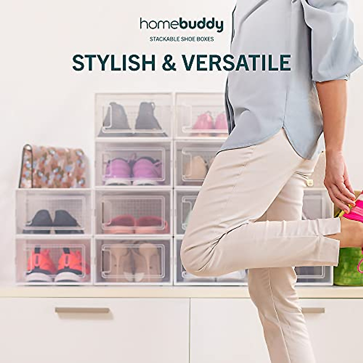HomeBuddy Shoe Organizer for Closet - 12 Pack Shoe Boxes Clear Plastic Stackable Bins, Clear Shoe Boxes Stackable with Lids, Sneakers Storage Case, Zapateras Organizer for Shoes, Closet Shoe Organizer