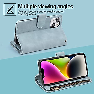 LANYOS for iPhone 13 (6.1 inch) Wallet Case with Card Holder for Women Men，PU Leather Kickstand Zipper Flip Folio RFID Blocking Card Slots Phone Cover with Wrist Strap (Baby Blue)