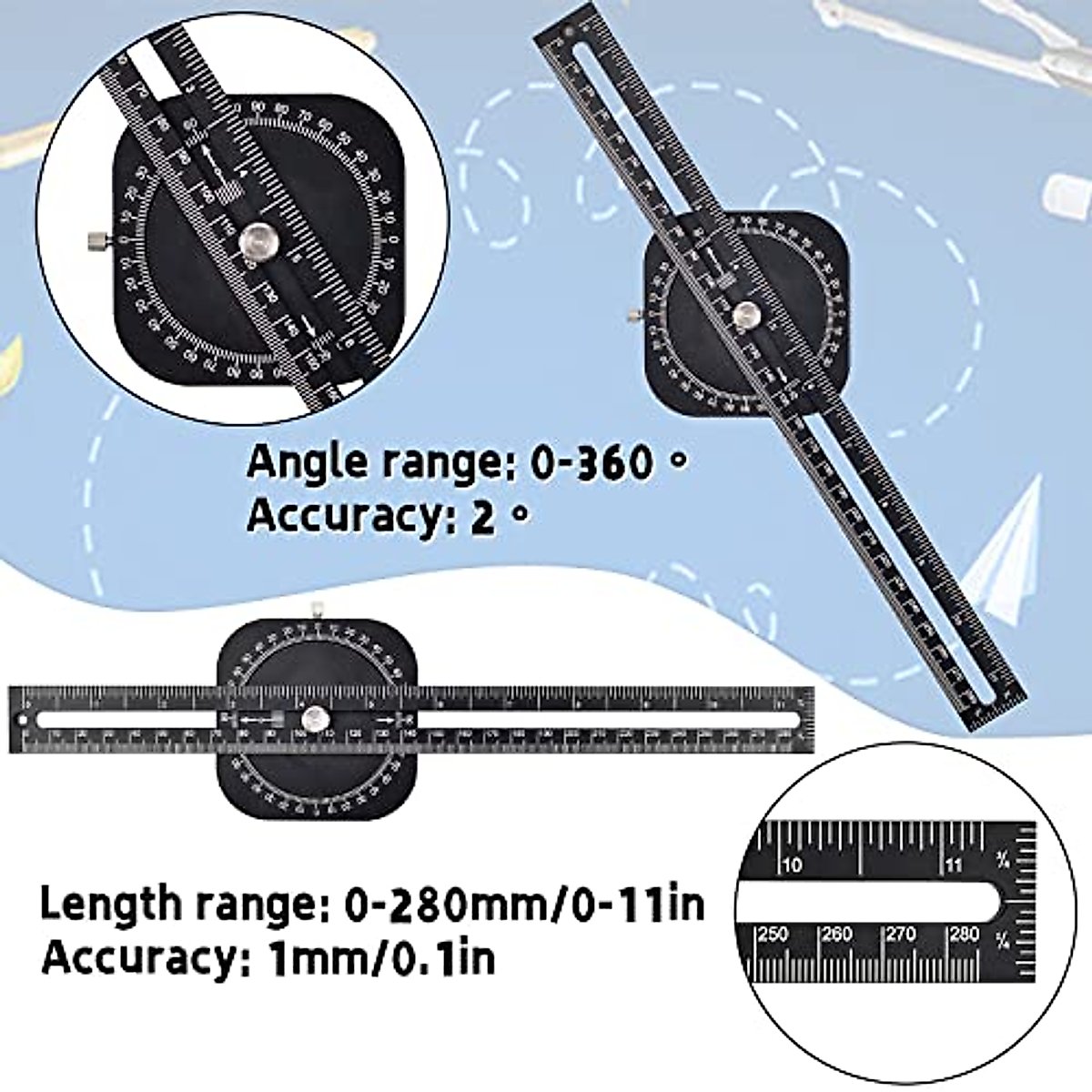 General Tools Angle Protractor, 2 in 1 Angle Finder Ruler with 11inch/280mm, 0 to 360, Rust Proof Angle Finder Featuring Precision Laser Engraved Scales for Carpenters & Woodworking Hobbyists