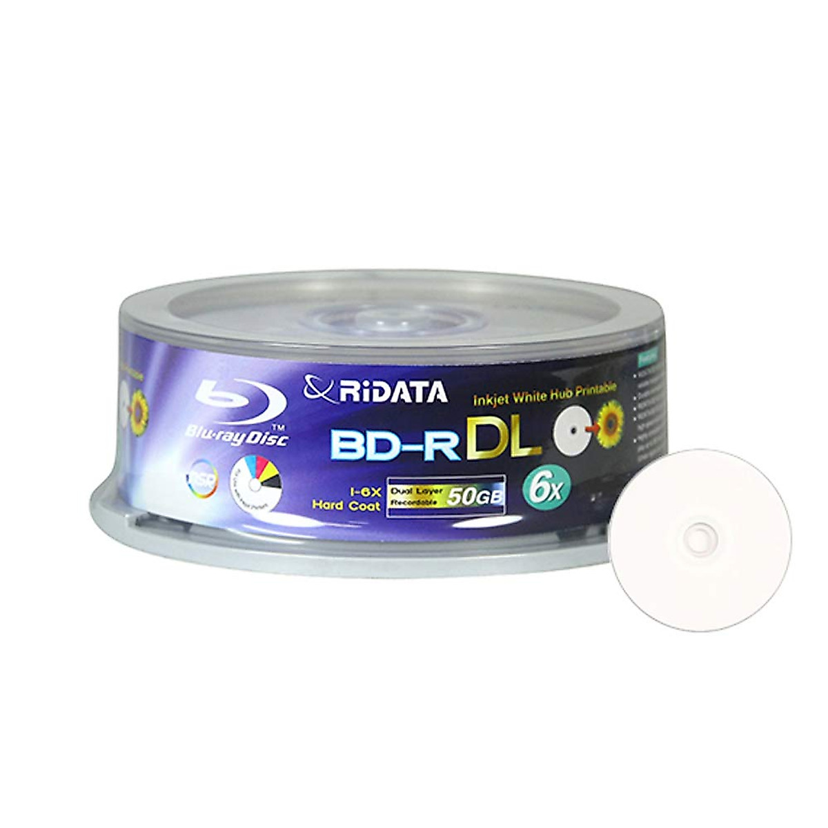 25 Pack Ridata Blu-ray BD-R DL Dual Layer 6X 50GB White Inkjet Hub Printable Recordable Blank Media Disc with Spindle Packing