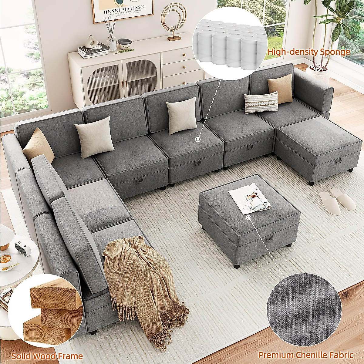 GAOMON 139.4" Chenille Reversible Sectional Sofa, 9-Seater Modular Sectional Sofa, Comfy Sectional Sleeper Sofa Couch with Chaise, U-Shape Modular Couch with Storage Seats & Ottomans, Grey