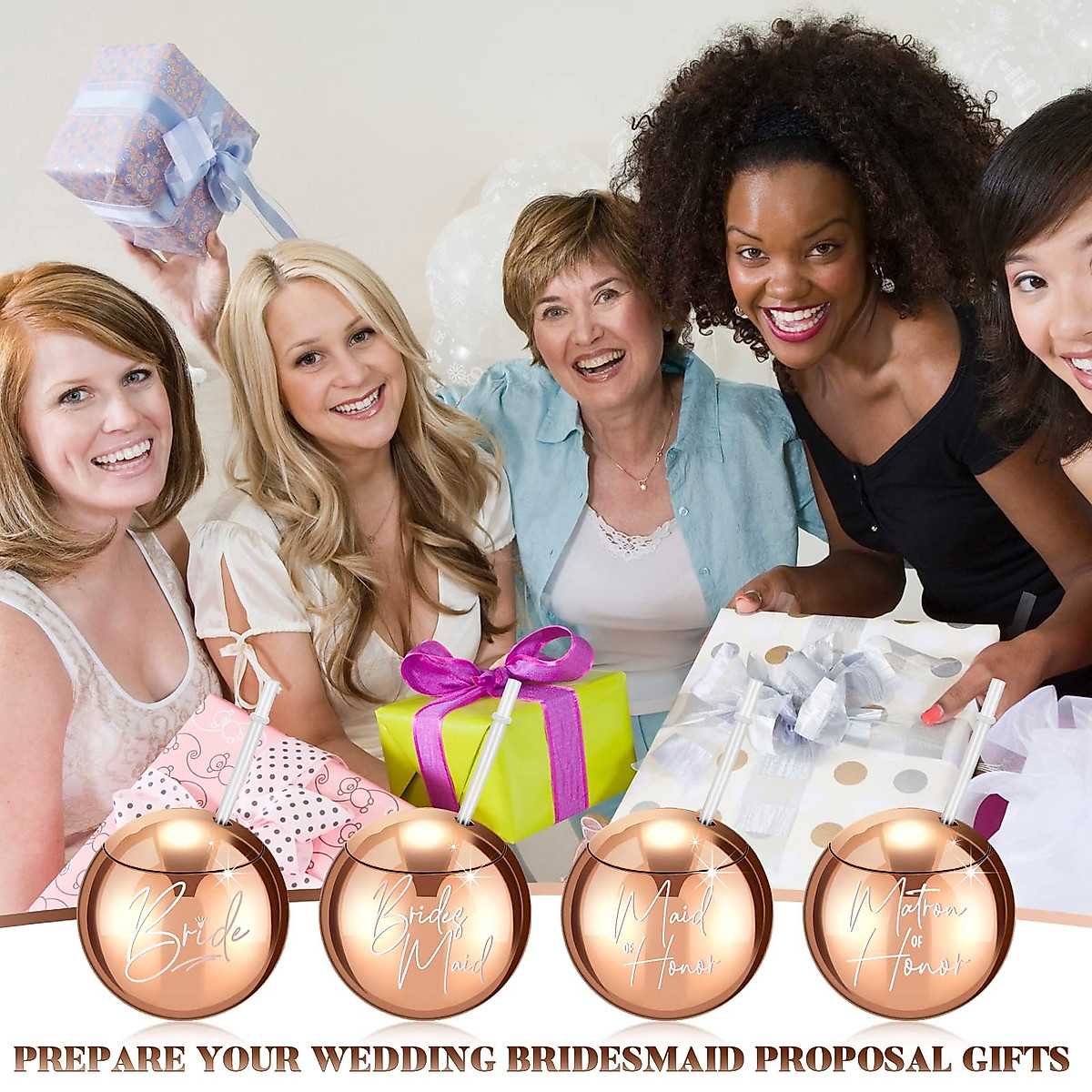 8 Pcs Bridesmaid Gifts Set Bridesmaid Disco Ball Tumbler 20 oz Plastic Bachelorette Party Cups with Lids Rose Gold Bride Cup Maid of Honor Proposal Gift for Bridal Wedding Shower Favors