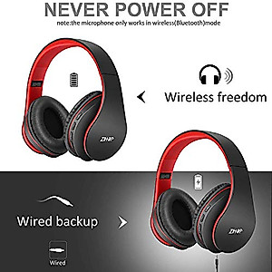 ZIHNIC Bluetooth Headphones Over-Ear, Foldable Wireless and Wired Stereo Headset Micro SD/TF, FM for Cell Phone,PC,Soft Earmuffs &Light Weight for Prolonged Wearing (Black/red)