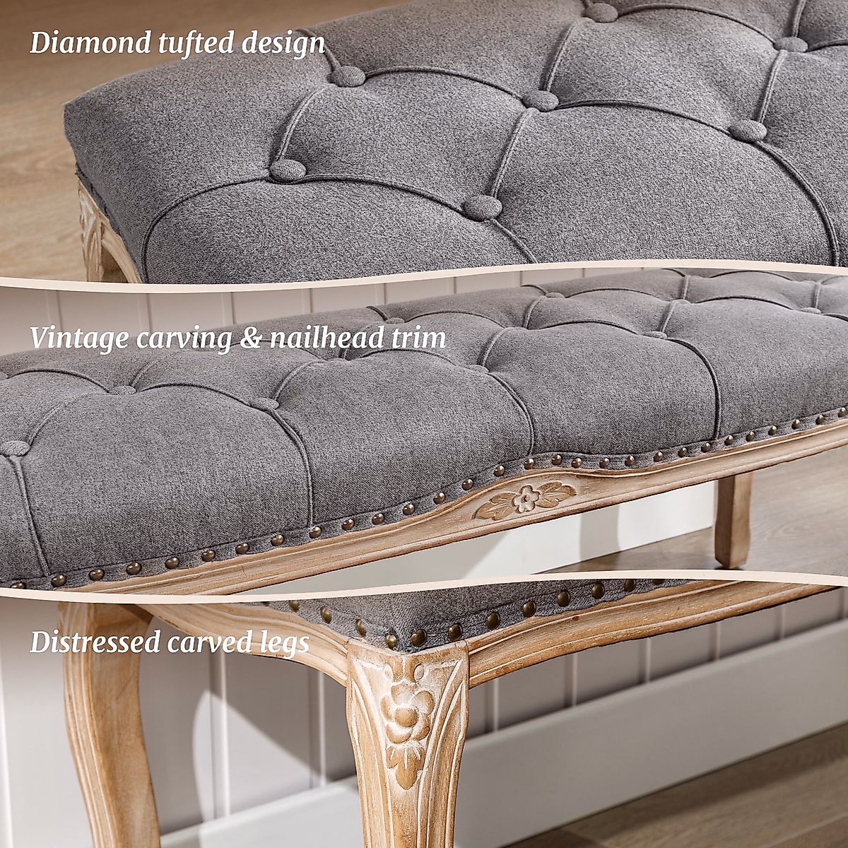 Cozyman Bedroom Bench, French Vintage Tufted Entryway Bench, 45.2" Carving Upholstered End of Bed Bench with Distressed Wood Legs, Linen Ottoman Bench Seat for Living Room, Foyer, Dining Room, Gray
